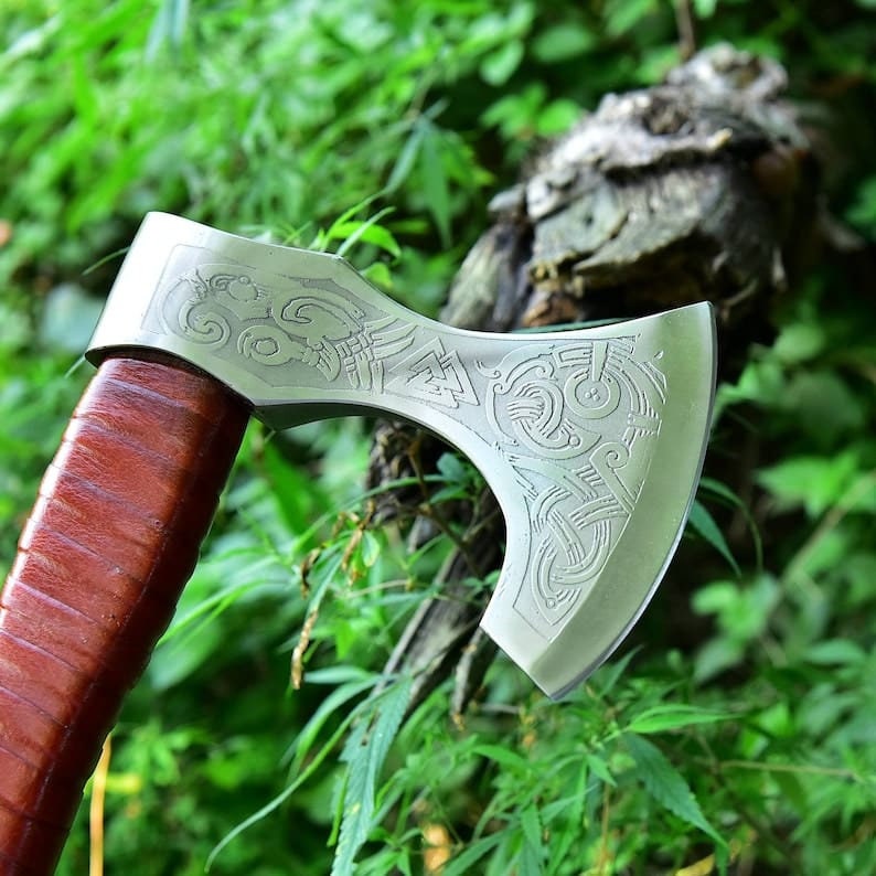 Viking Ragnar Axe, Engraved Axe With Leather Cover, Hand Forged Axe ...