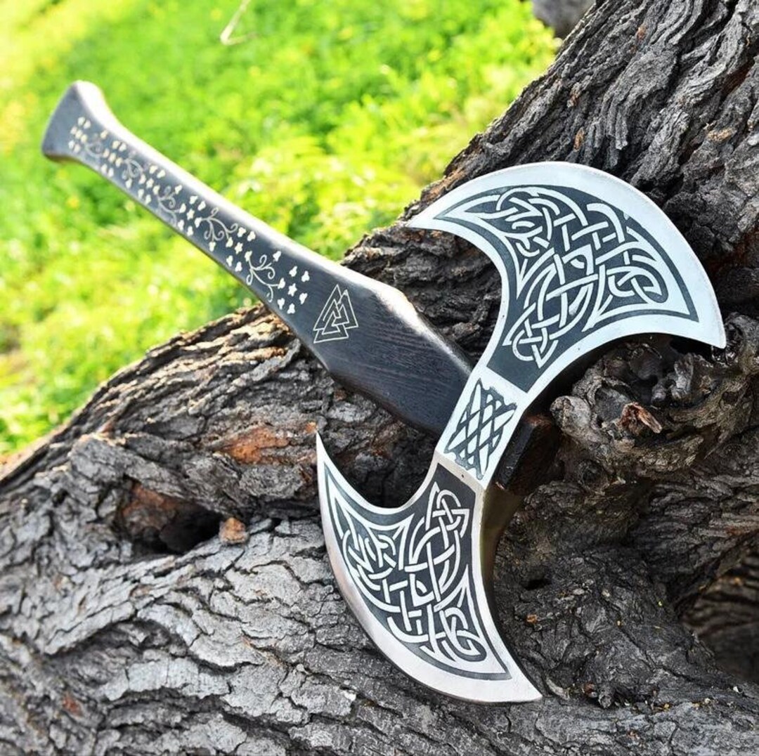 Engraved Headed Axe With Leather Cover-hand Forged Axe-viking Hatchet ...