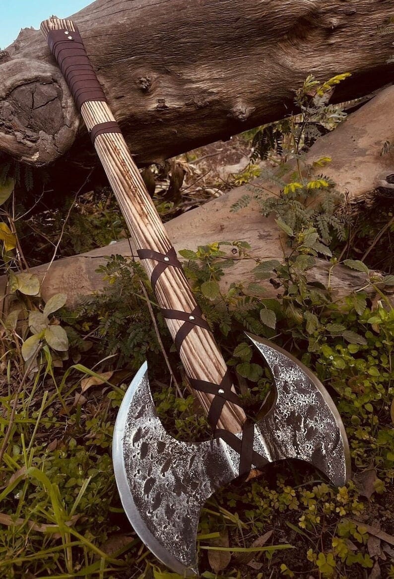 Engraved Headed Axe With Leather Cover-hand Forged Axe-viking Hatchet ...