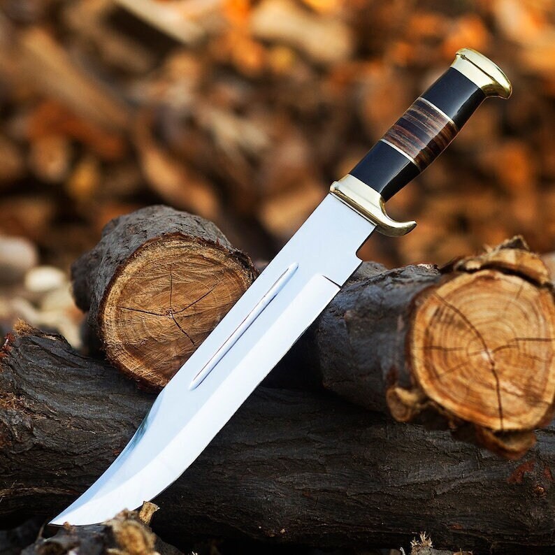 Custom Handmade Bowie Knife With Leather Sheath Carbon Steel Mirror ...