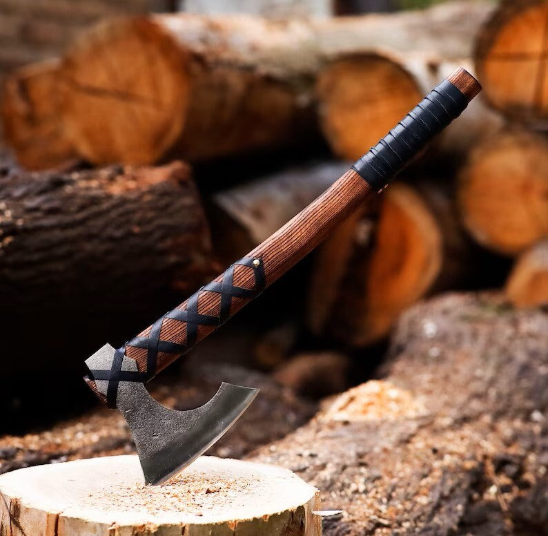 Viking Ragnar Axe, Engraved Axe With Leather Cover, Hand Forged Axe ...