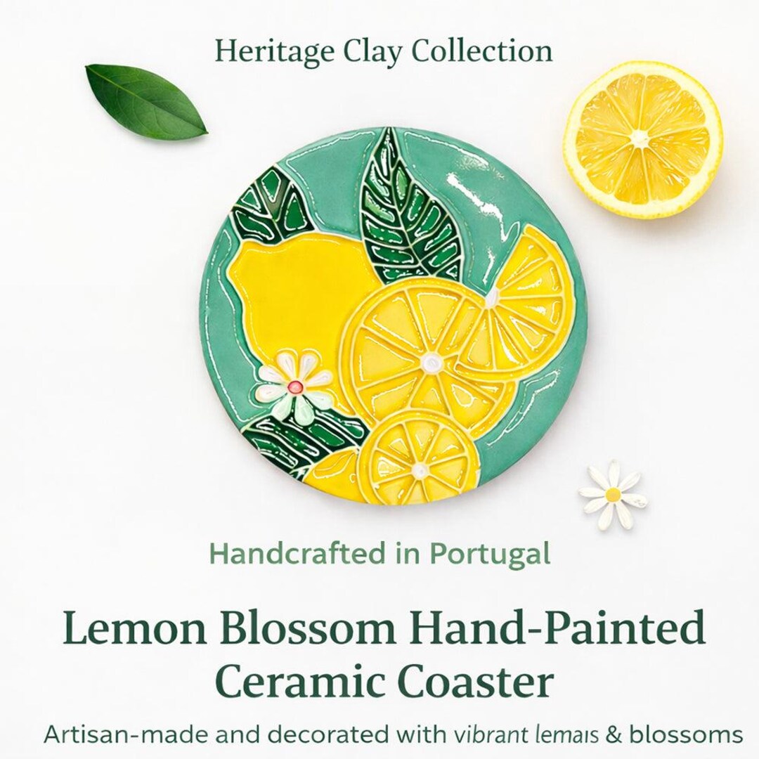 Lemon Blossom Hand-painted Ceramic Coaster | Handmade Portuguese Citrus ...