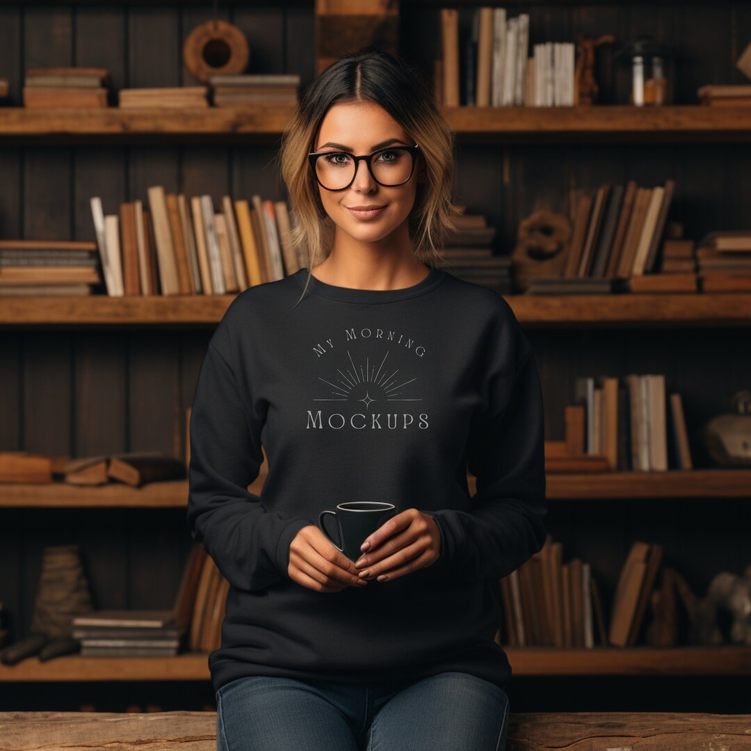 Black Gildan 18000 Sweatshirt Mockup, Coffee/book Design (JPG Digital ...