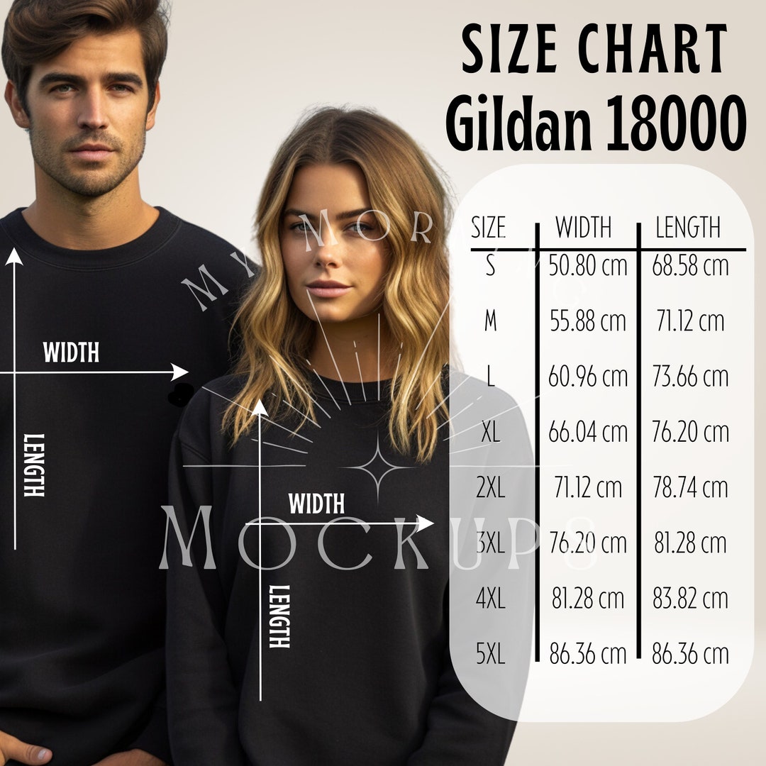Gildan 18000 Size Chart Cm Mockup for Couple 18000 Size Chart Unisex ...