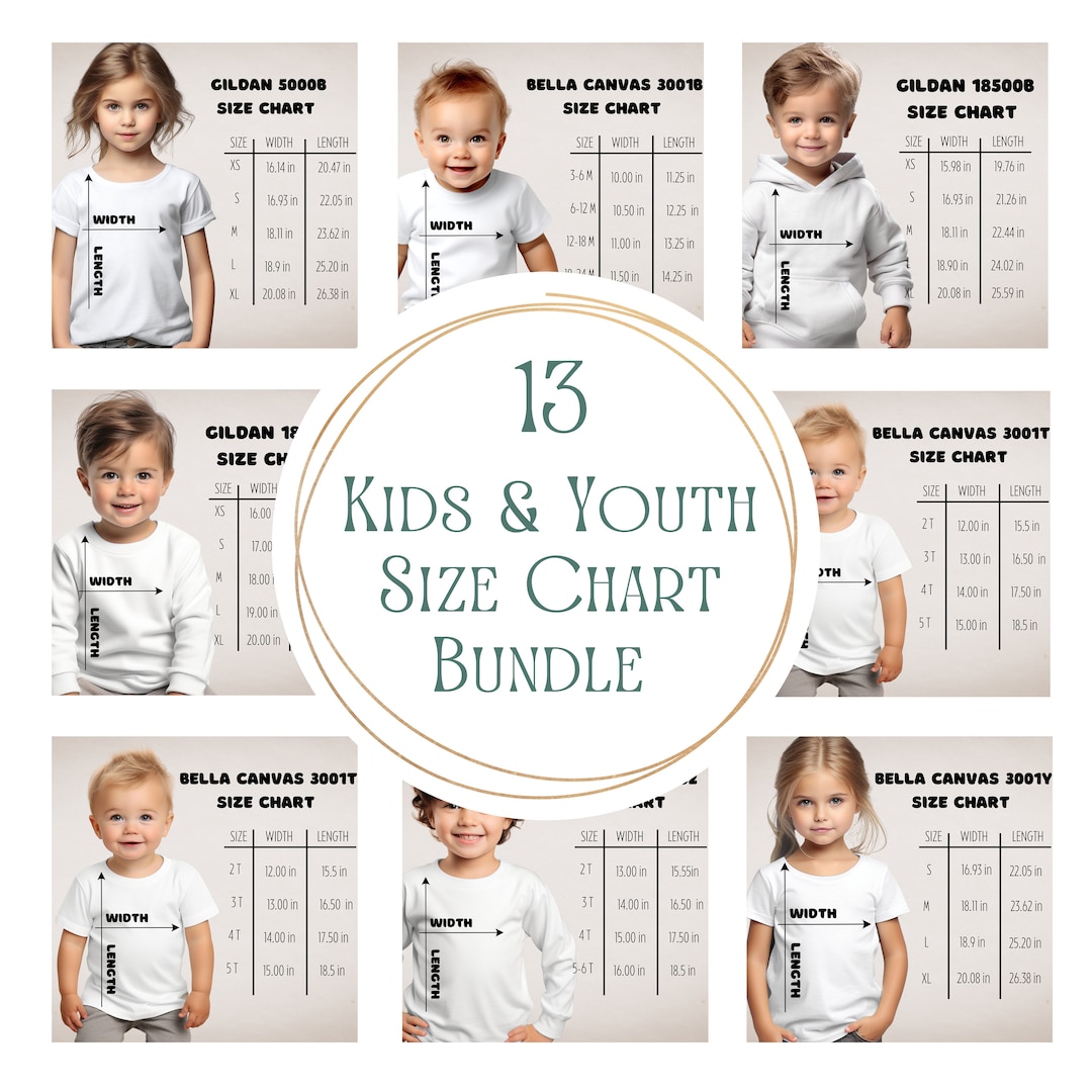 Toddler and Youth Size Chart Mockup Bundle of 13, Kids Size Chart Mockups, Bella Canvas 3001Y ...