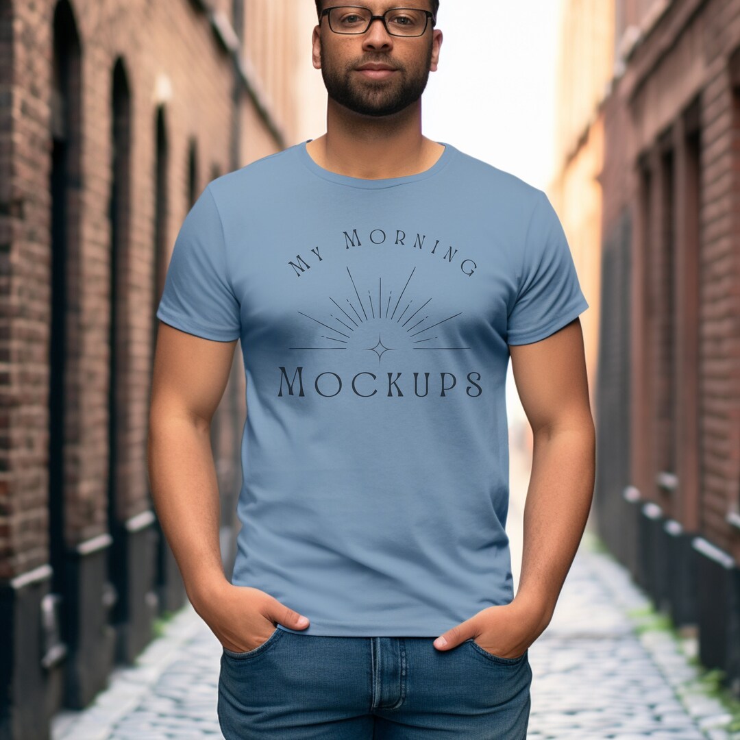 Gildan 64000 Stone Blue T-shirt Mockup: Men's Soft Style (digital ...