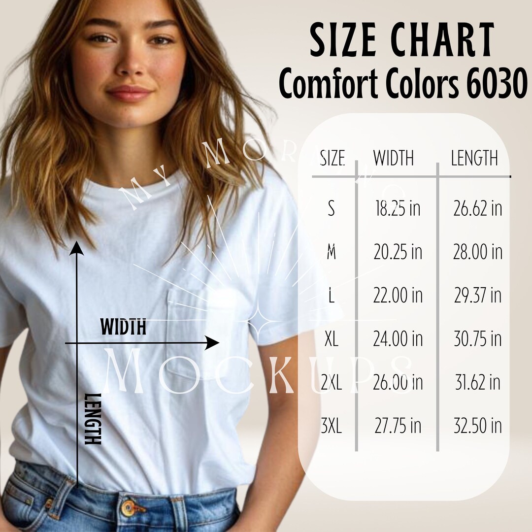 Comfort Colors 6030 Size Chart Mockup: Pocket Tee (JPG Digital Download ...
