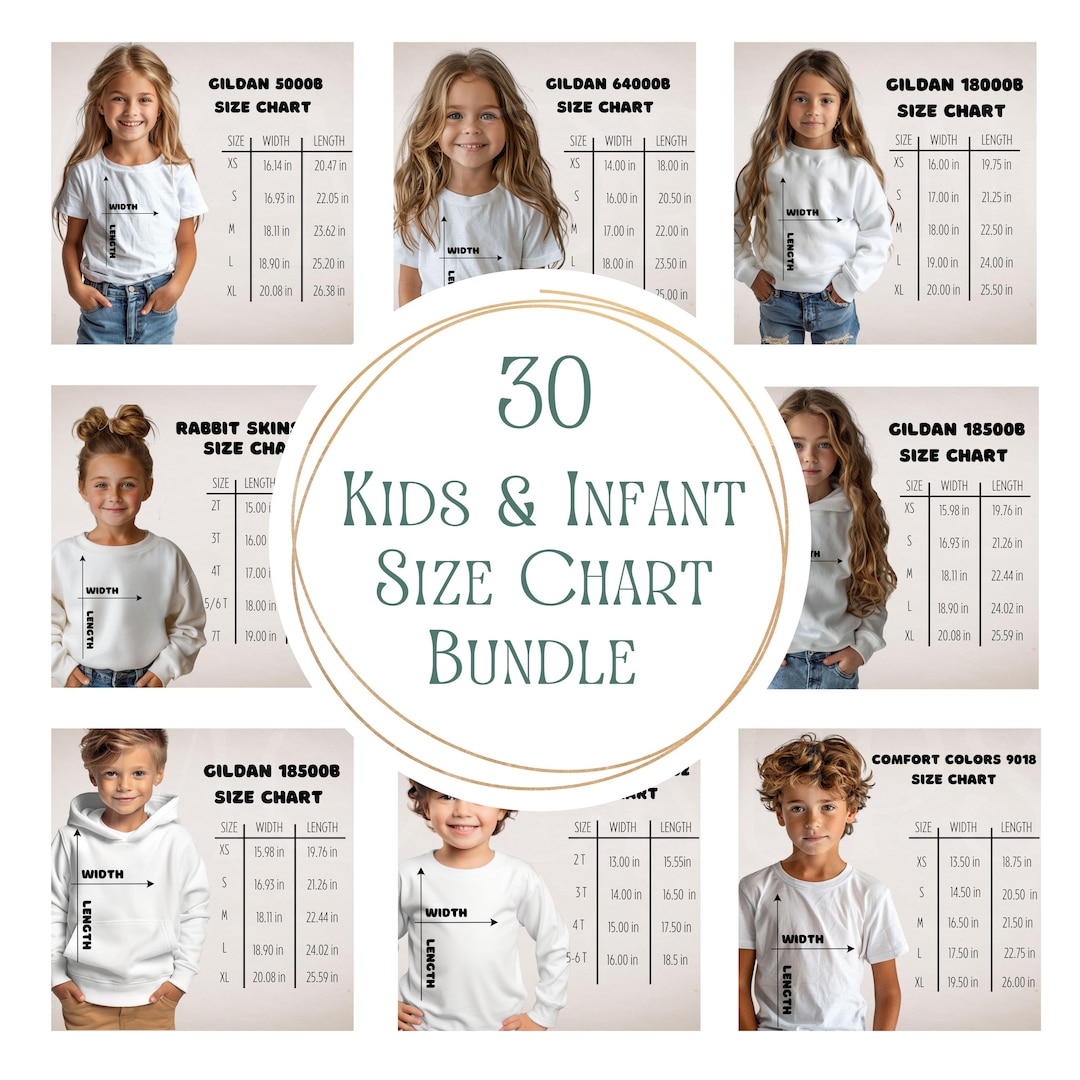 Toddler and Youth Size Chart Mockup Bundle of 30, Kids Size Chart ...