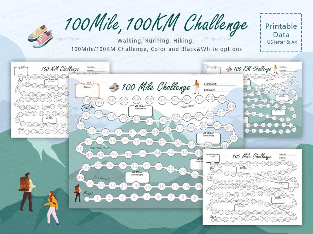 100 Mile/km Challenge Tracker: Mountain Theme (printable PDF) - Etsy