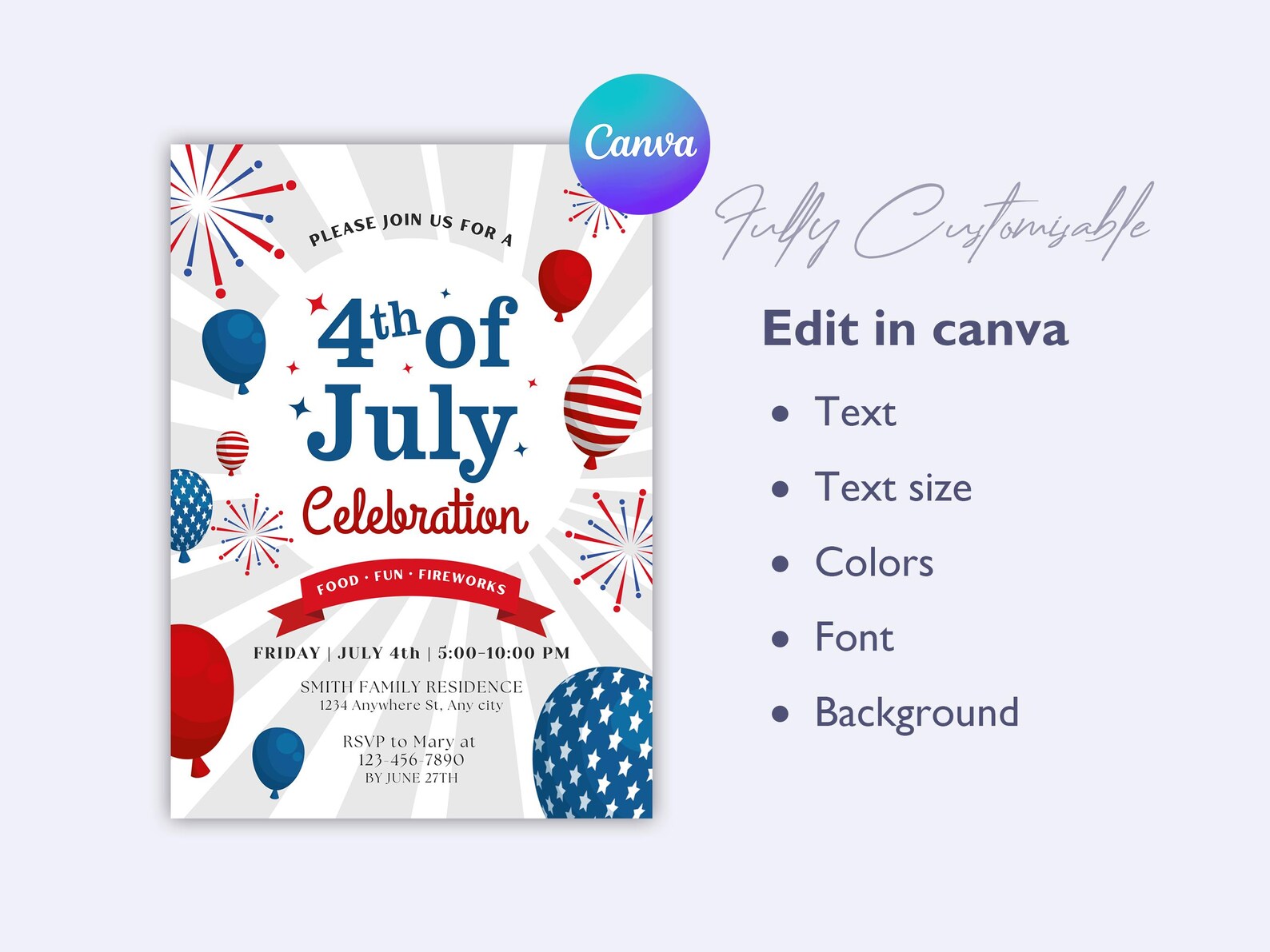4th of July Party Invitation Template Editable, July 4th Invitation ...
