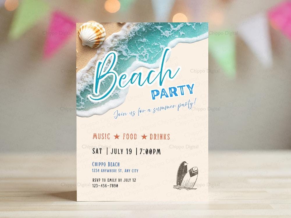 Beach Party Invitation, Editable Party Invitation Template, Invite ...