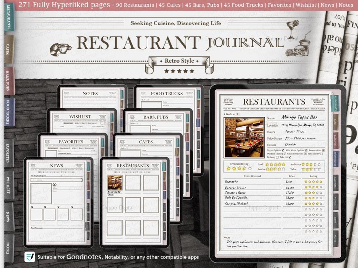 Retro Restaurant Journal for Goodnotes: Digital Food Diary (PDF) - Etsy