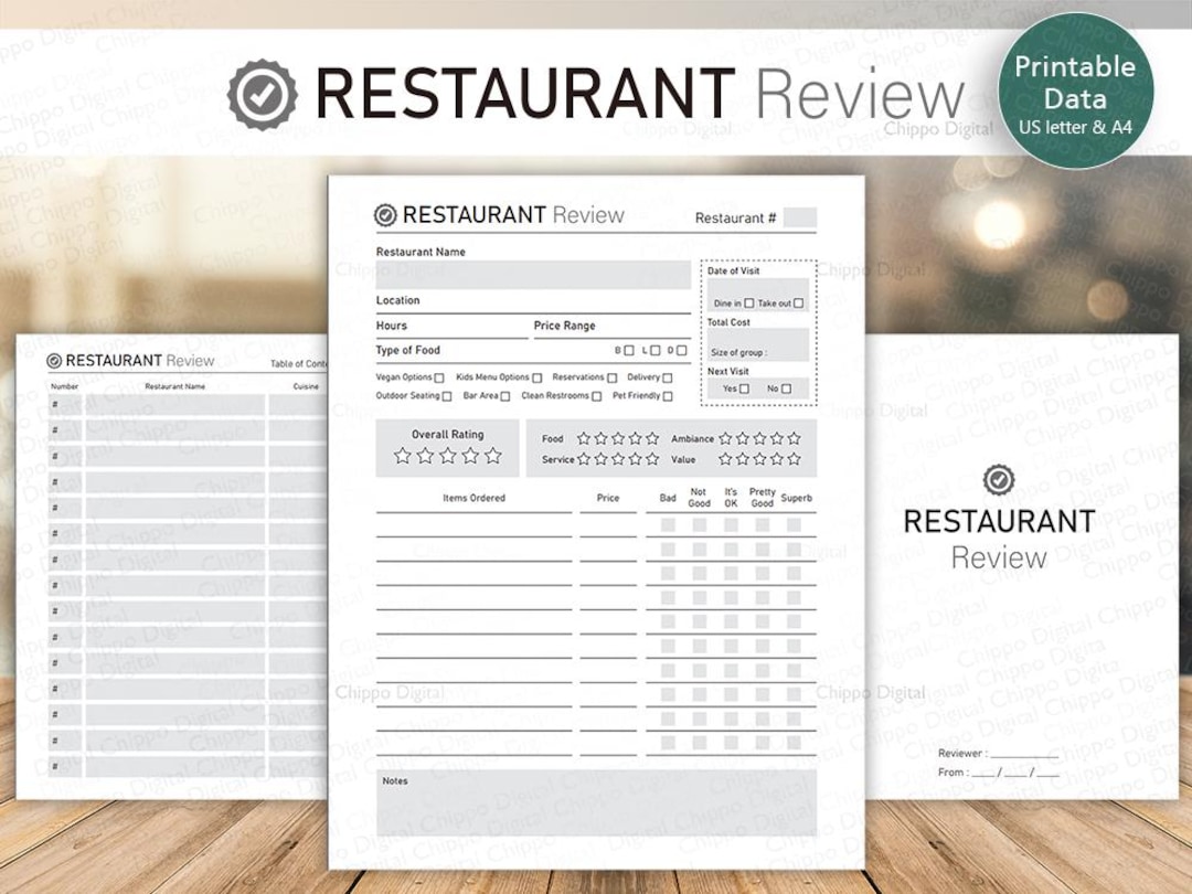 Restaurant Review Printable: Food Journal for Diners (A4 & US Letter ...