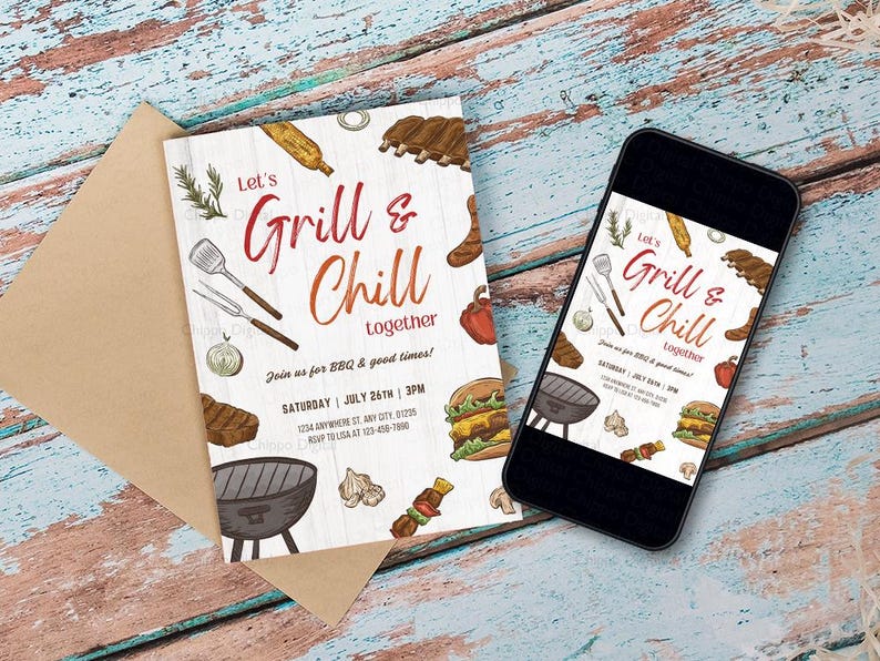 Grill and Chill BBQ Invitation, BBQ Party Invitation , Backyard BBQ ...