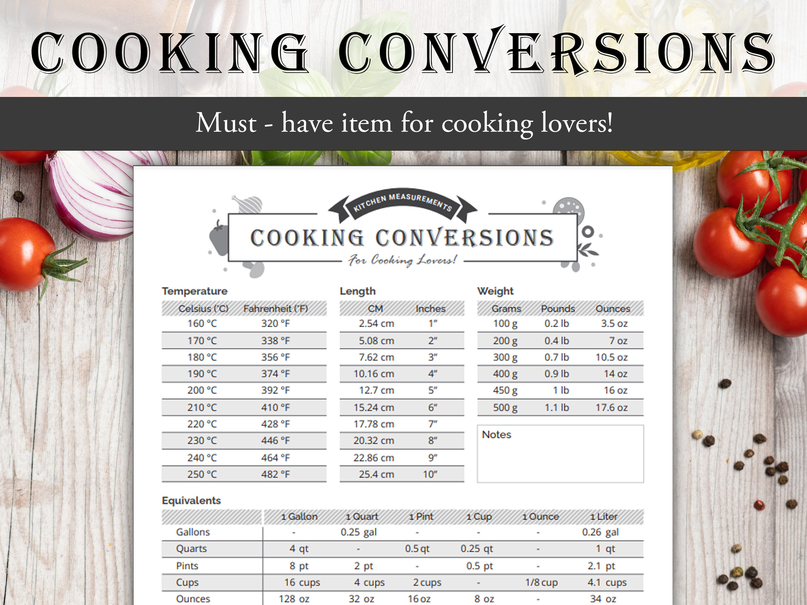 Cooking Conversion Chart Essential Kitchen Tool Letter Size Printable ...