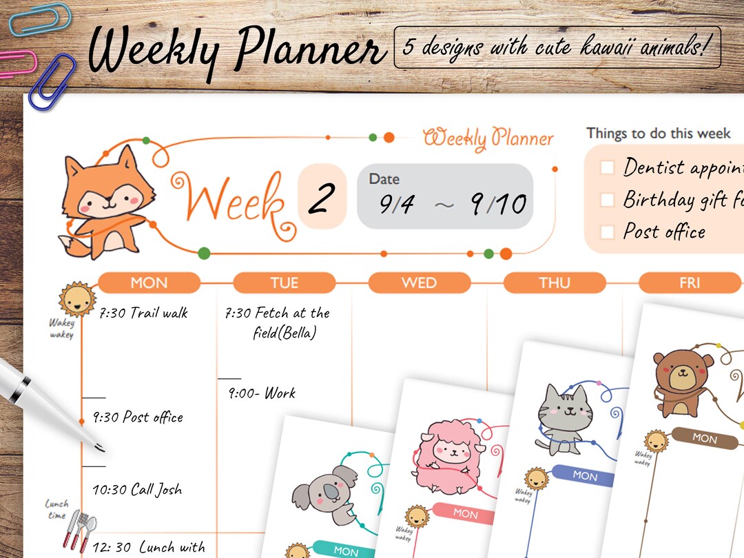 Cute Animal Weekly Planner Kawaii Schedule Let's Brighten up the Day A4 ...