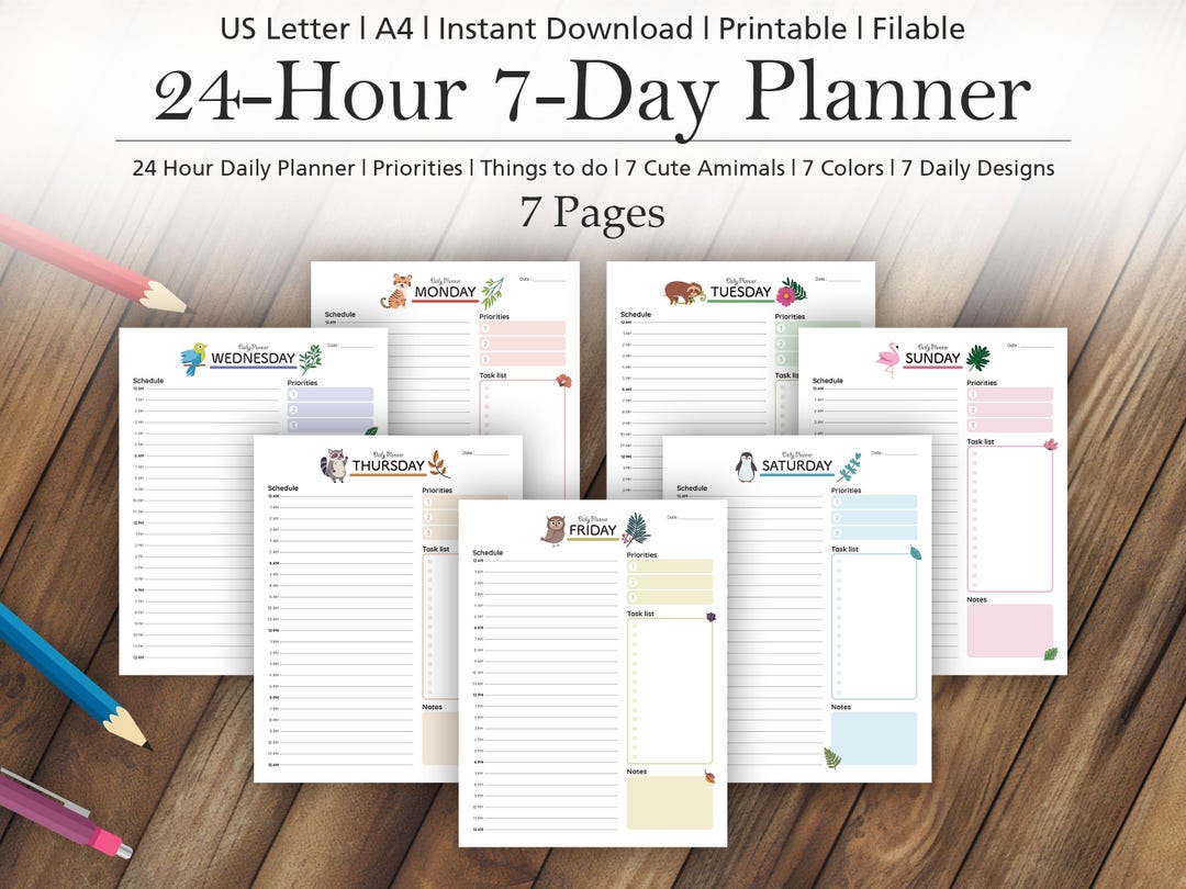 24 Hour 7 Day Planner, Printable Planner, Filable Planner, A4, US ...