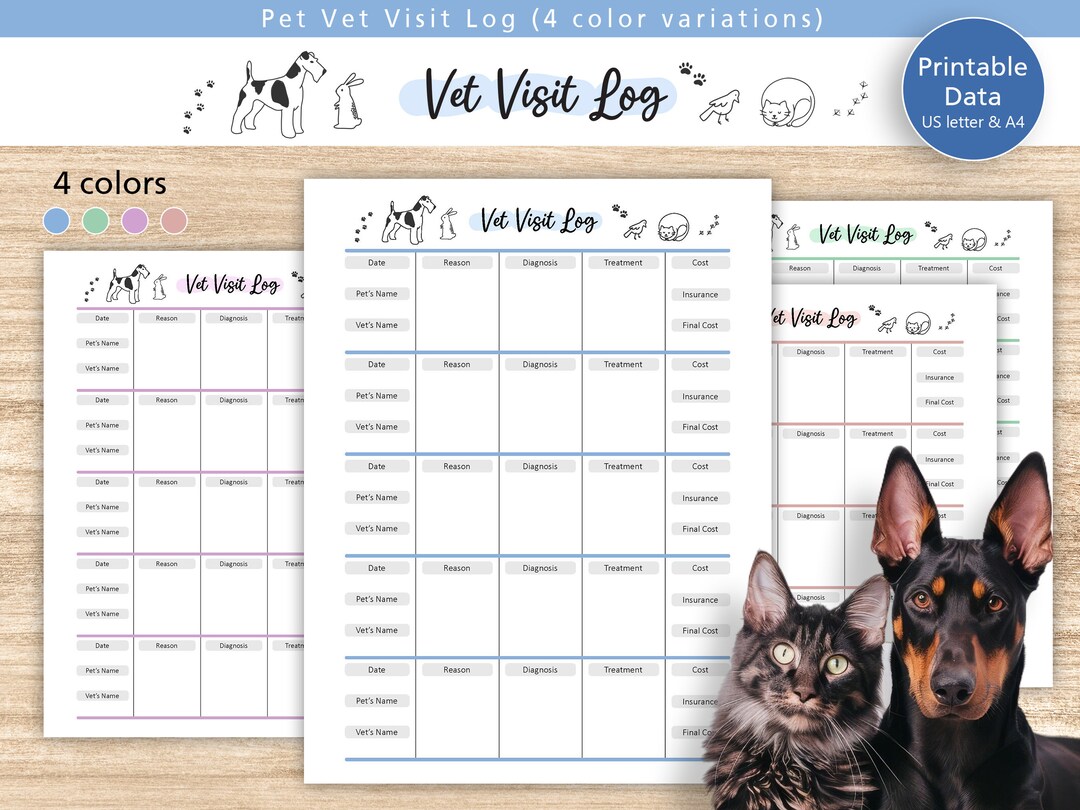 Pet Vet Visit Log Printable, Pet Care Sheet, Vet Record Log, Animal ...
