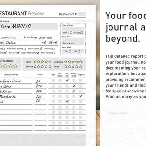 Restaurant Review Printable: Food Journal for Diners (A4 & US Letter ...