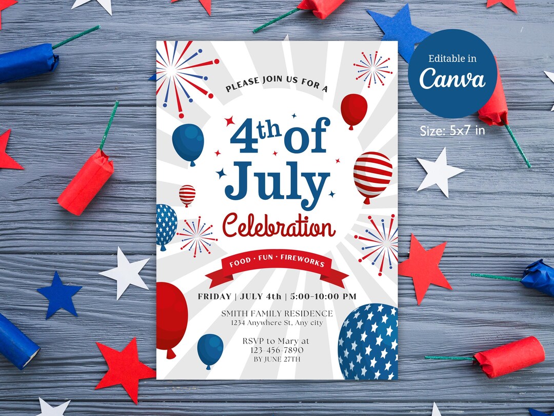 4th of July Party Invitation Template Editable, July 4th Invitation ...