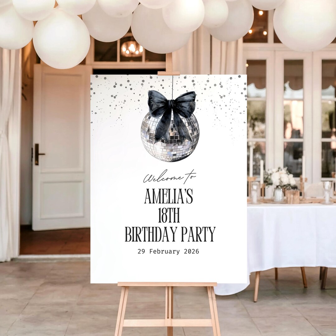 Editable Disco Party Welcome Sign Template, Silver Black Sparkle Theme ...