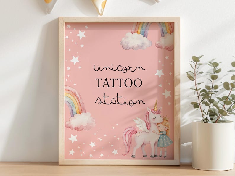 Editable Unicorn Tattoo Station Sign, Pastel Rainbow Birthday Party ...