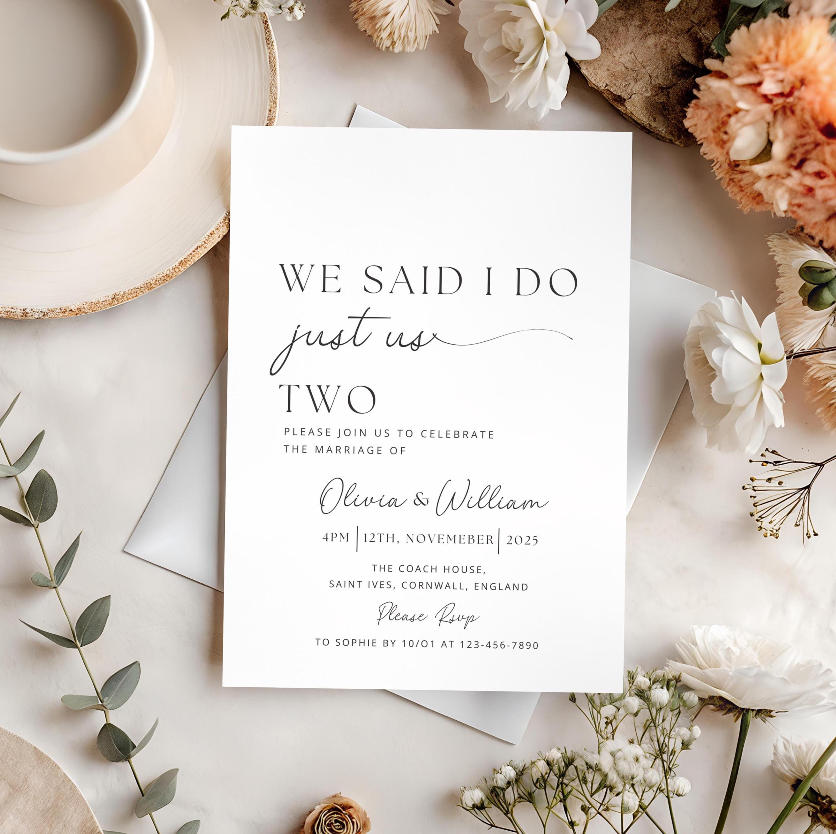 Just Us Two Elopement Reception Invite, Minimalist Elopement ...