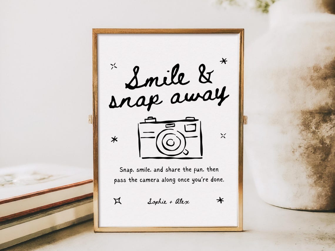 Disposable Camera Sign, Editable Wedding Sign Template, Smile and Snap ...