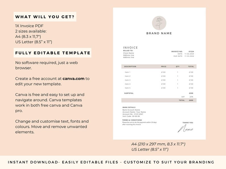 Invoice Template, Small Business Invoice, Client Invoice, Editable ...