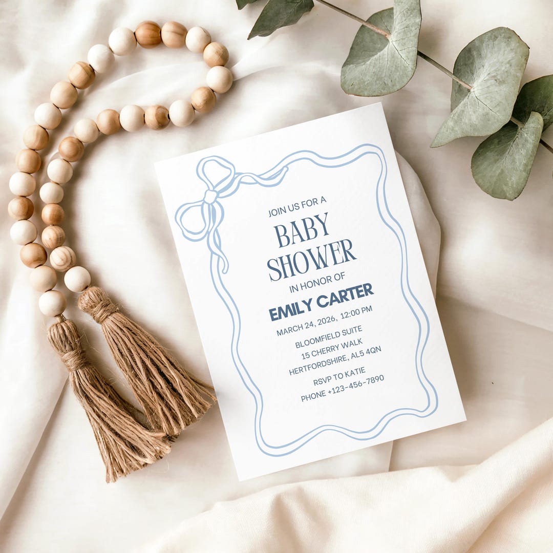Blue Bow Baby Shower Invitation Template Printable, Baby Boy, Blue ...