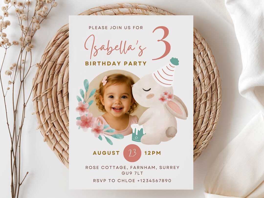Bunny Birthday Invitation With Photo, Editable Boho Bunny Party Invite ...