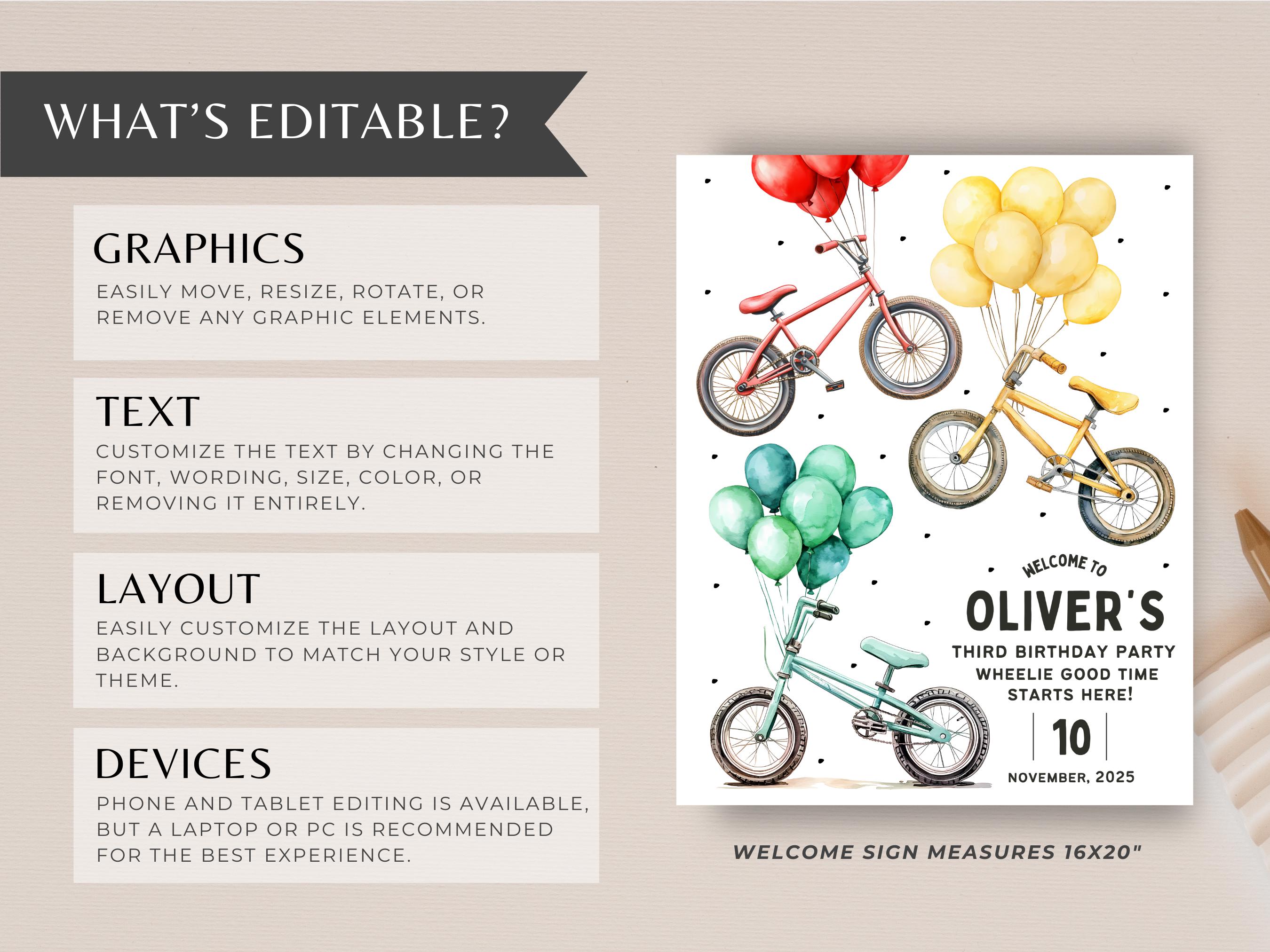 Editable Bike Birthday Welcome Sign Bicycle Boy Birthday Welcome Poster ...