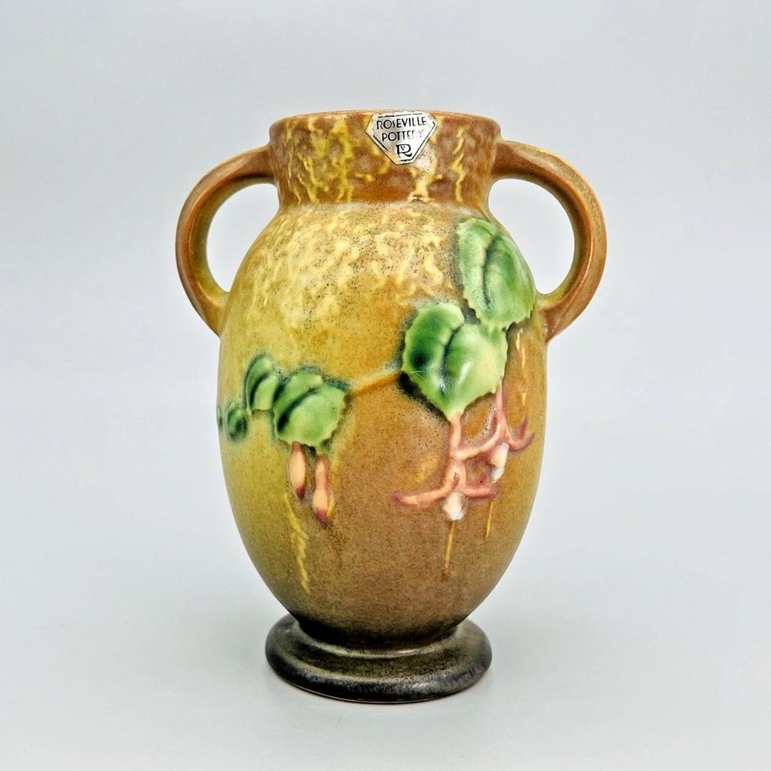 Roseville Pottery Fuchsia Vase 892-6 Brown Double Handled ~ Original ...