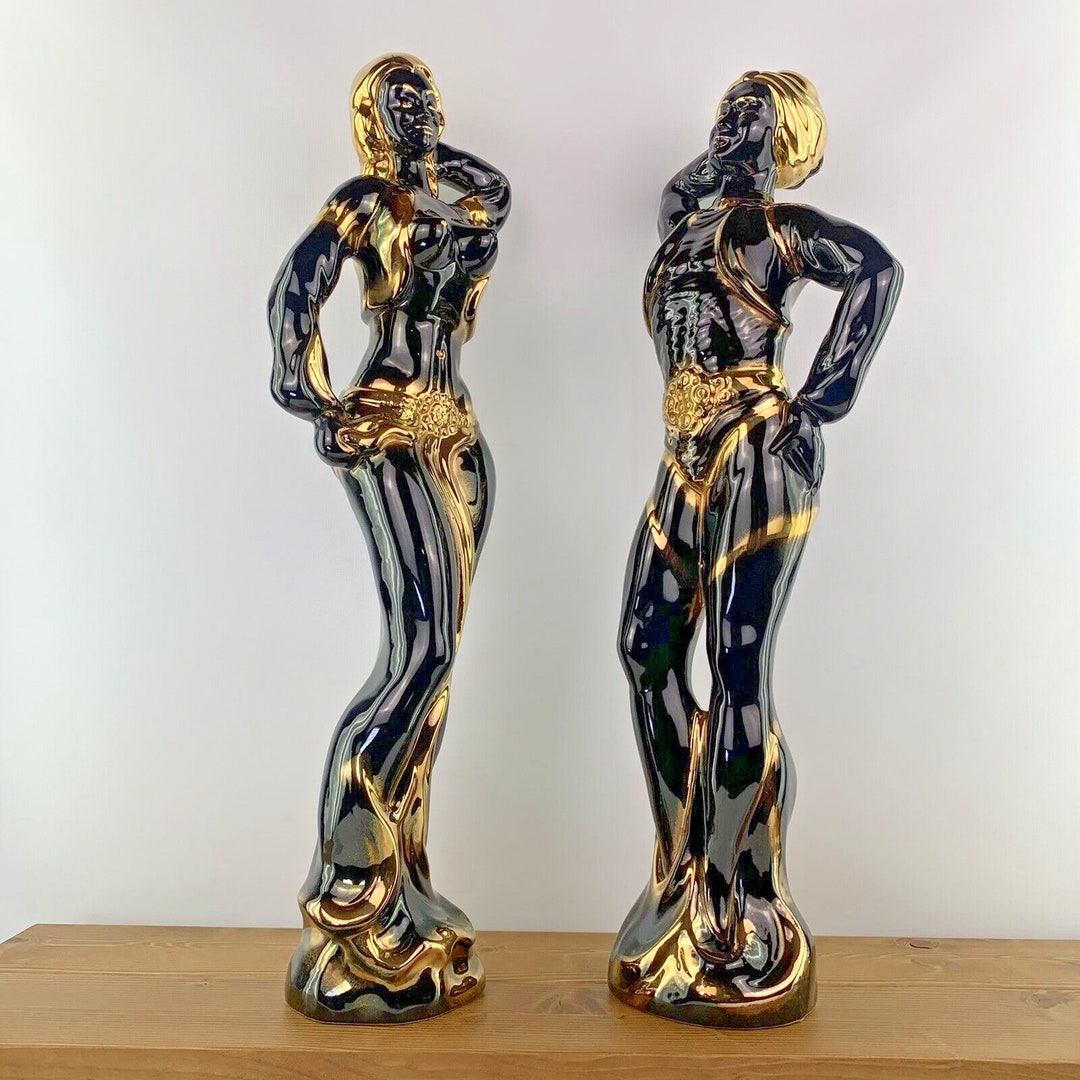 Vintage Large MCM Black & Gold Ceramic Man and Woman Exotic Salsa ...