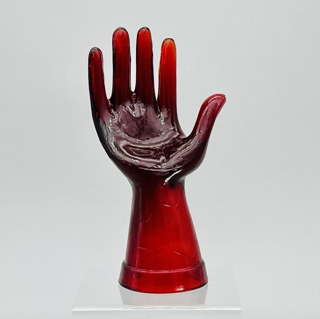 Vintage Ruby Red Glass Hand Ring Holder Jewelry Display Stand ~ Cadmium ...