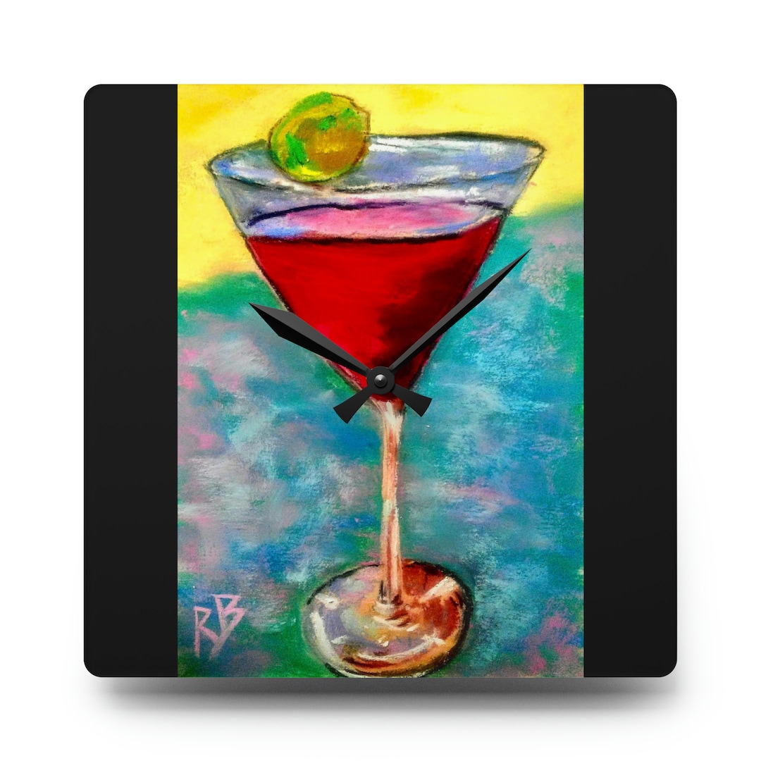 Martini Clock Acrylic Art Wall Clock Cocktail Pastel Painting Wall and ...