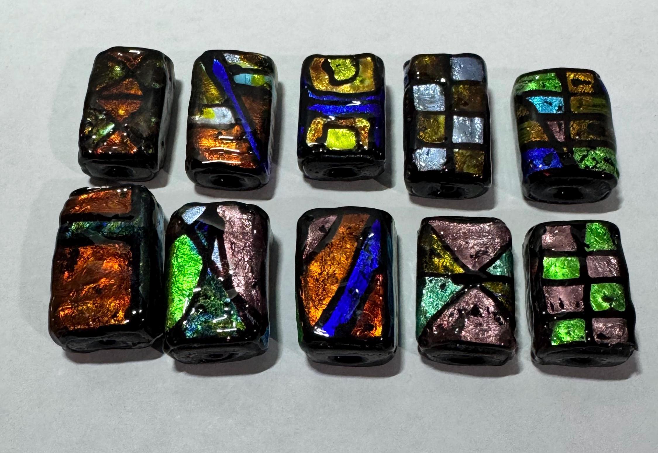 10 Venetian Rectangular Glass Beads Fancy Foil Black With Colorful Foil ...