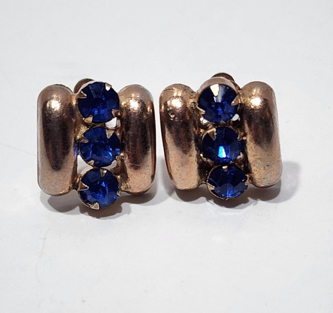 Vintage Art Deco Style Copper With Sparkly Blue Rhinestones Screw on ...