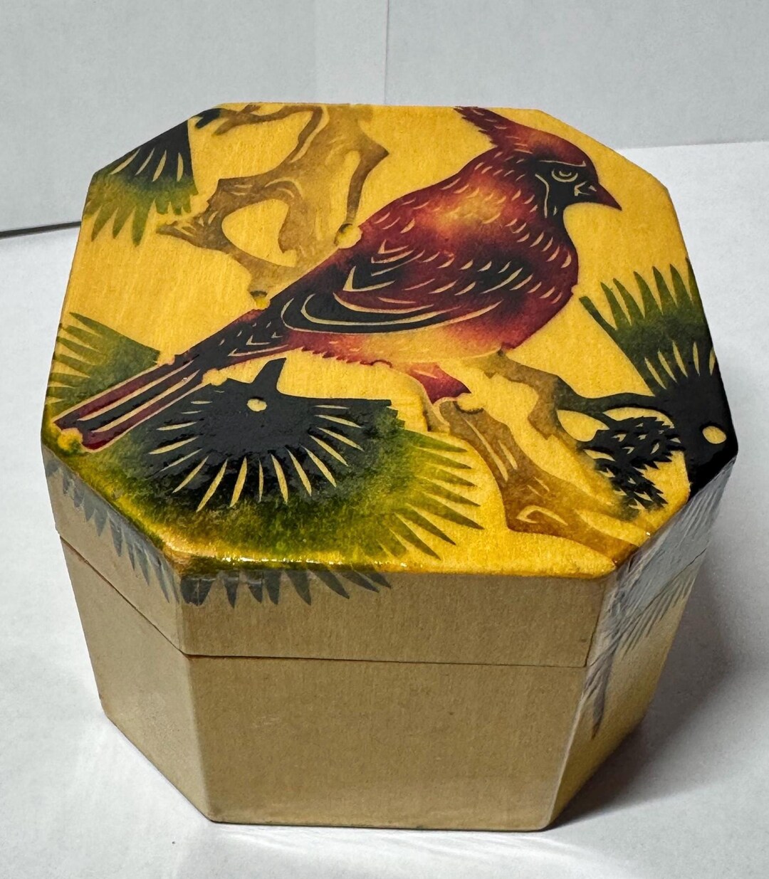 Vintage Chinese Bamboo Lacquer Trinket Box Hand Painted Red Cardinal ...