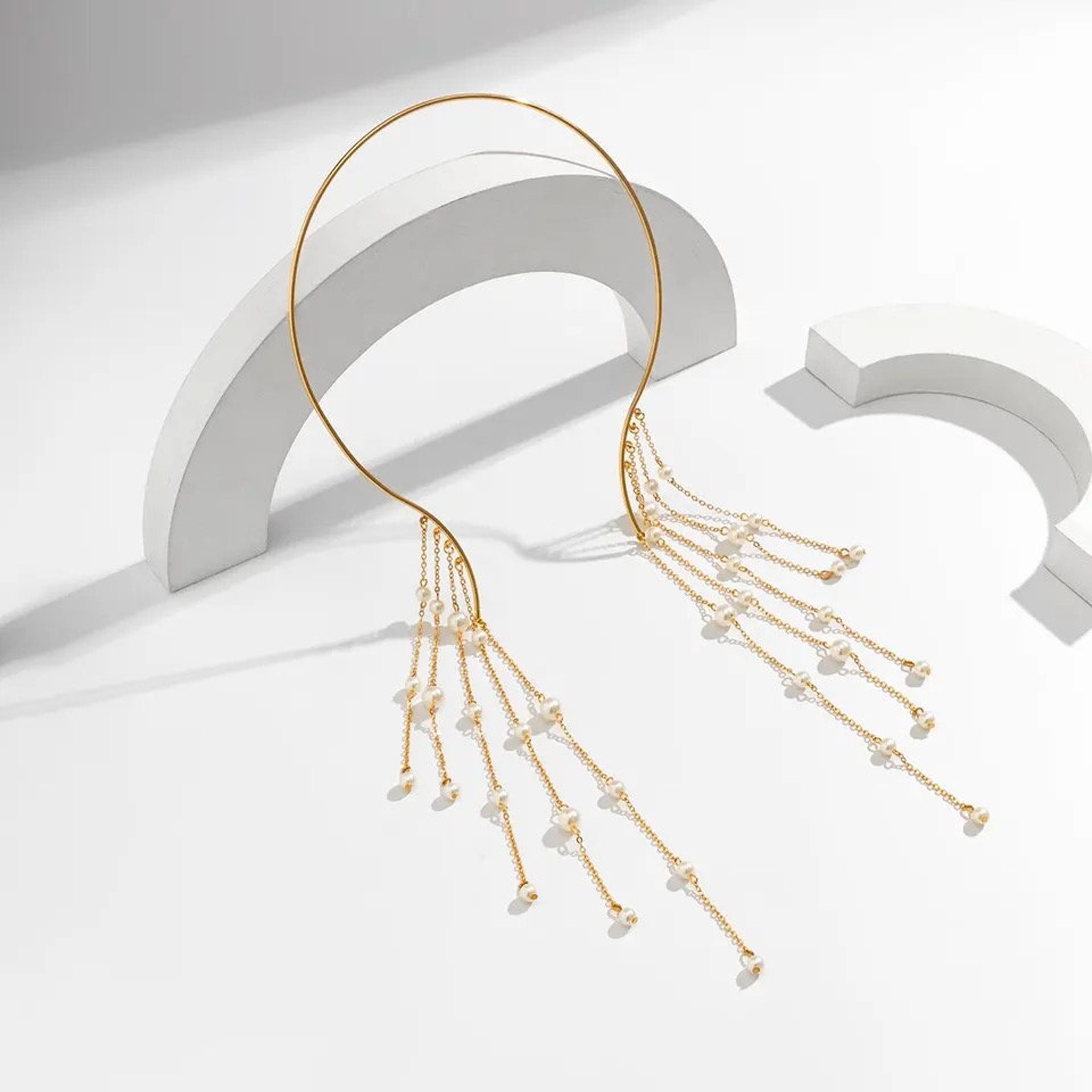 LAVINIA NECKLACE Pearl Open Choker Necklace, Long Tassel Necklace ...