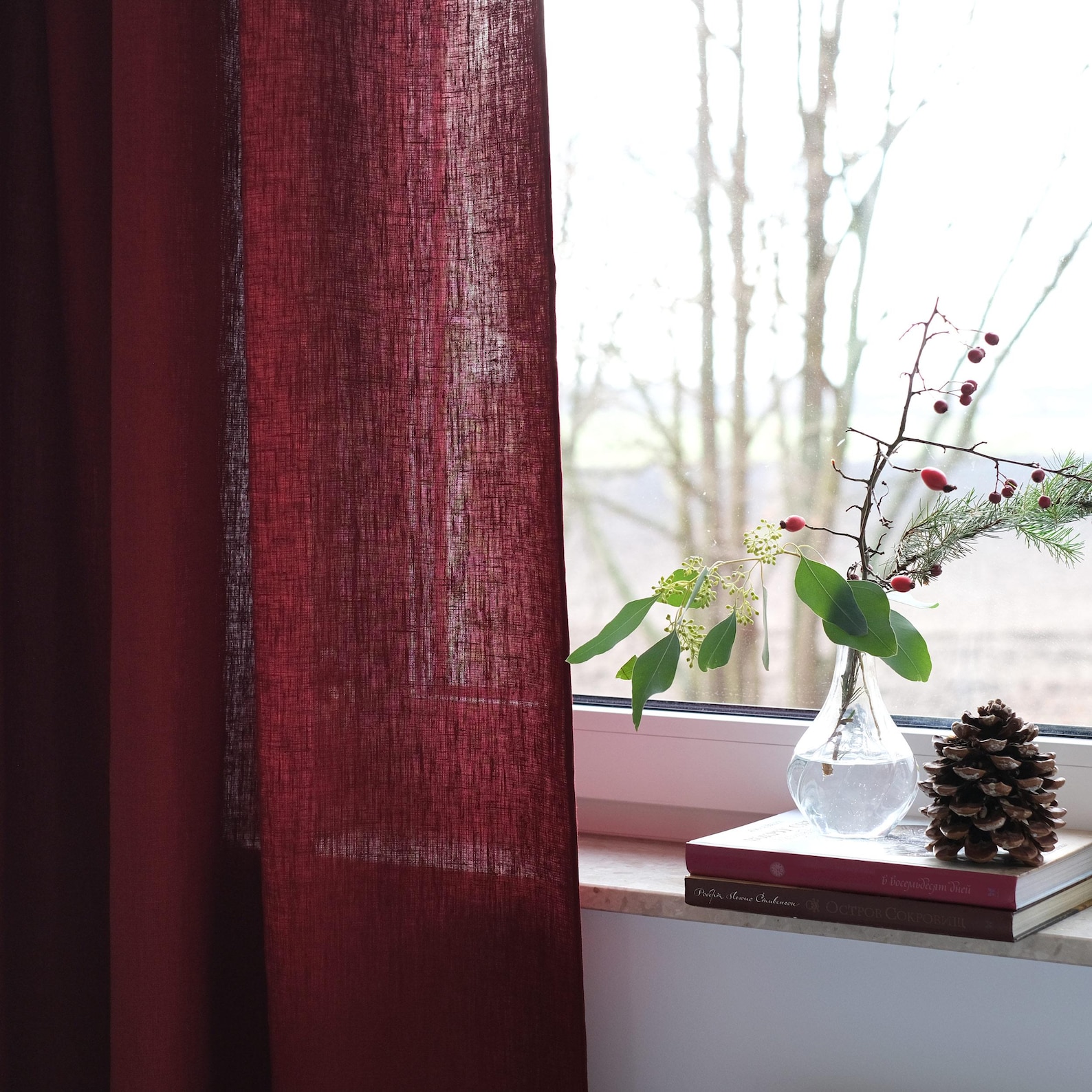 Dark Red Linen Curtain: Custom Tab Top Window Treatment - Etsy