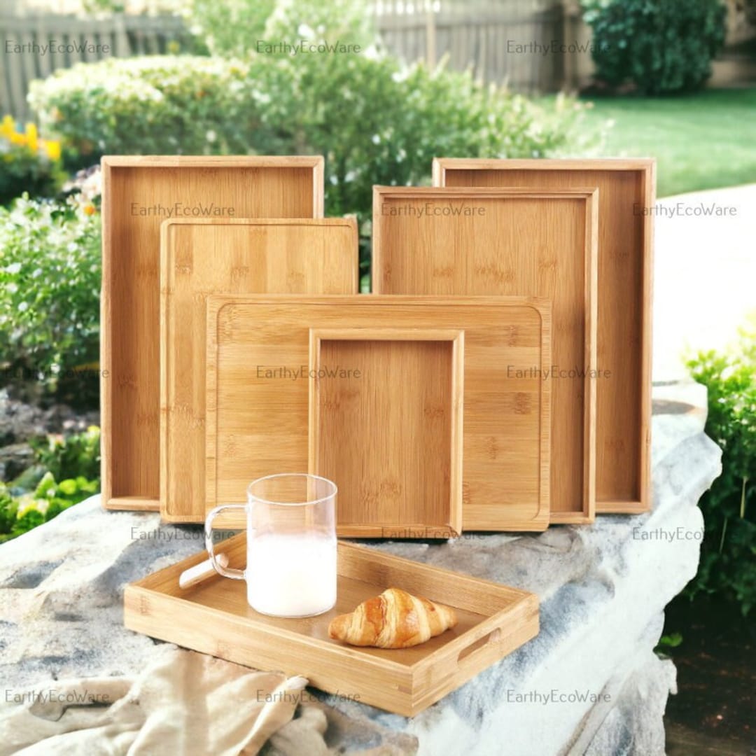Bamboo Rectangle Tray With Handles Natural Wooden Serving - Etsy