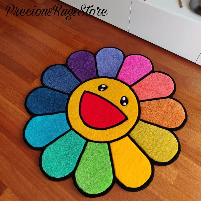 Handmade Round Sunflower Smily Shaped Colorful Tufted Rugs, for Living ...