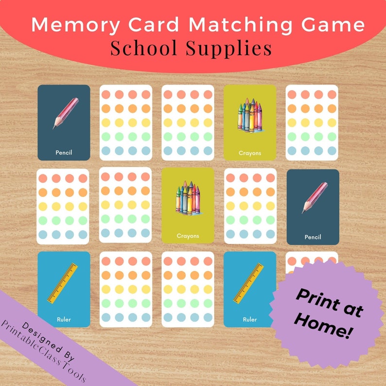 SCHOOL SUPPLIES • 16 Memory Matching Game Cards • Pairs Concentration ...