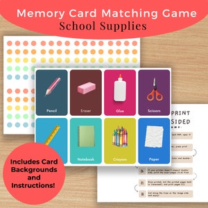 SCHOOL SUPPLIES • 16 Memory Matching Game Cards • Pairs Concentration ...