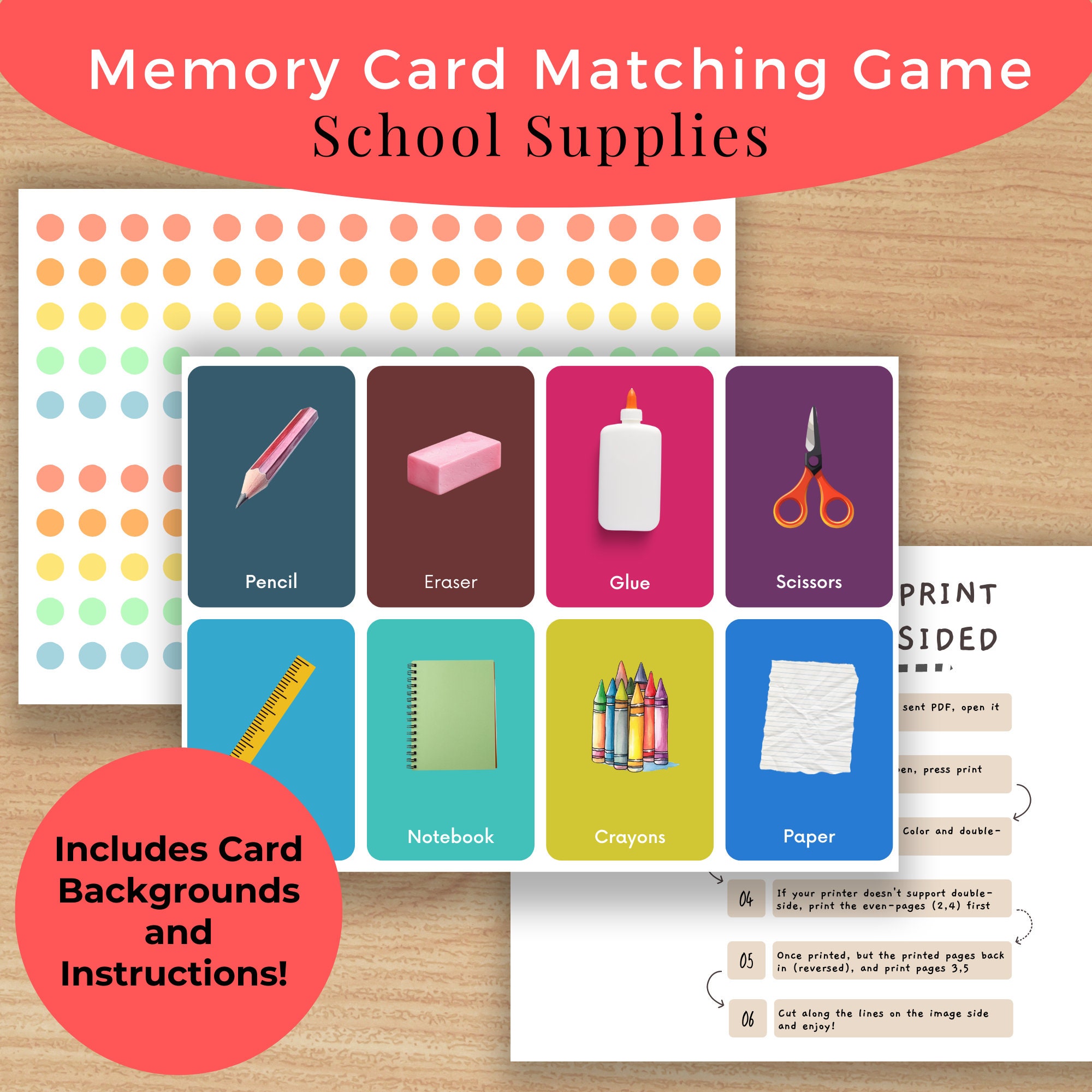 SCHOOL SUPPLIES • 16 Memory Matching Game Cards • Pairs Concentration ...