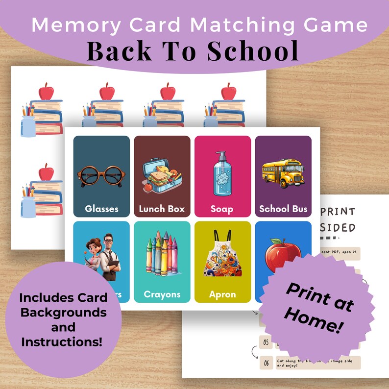 Back to School Concentration • 16 Memory Matching Game Cards • Pairs ...