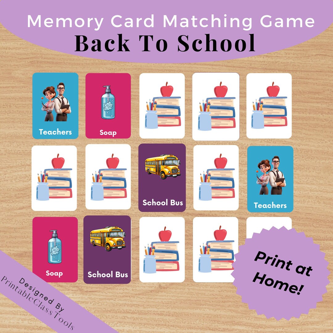 Back to School Concentration • 16 Memory Matching Game Cards • Pairs ...