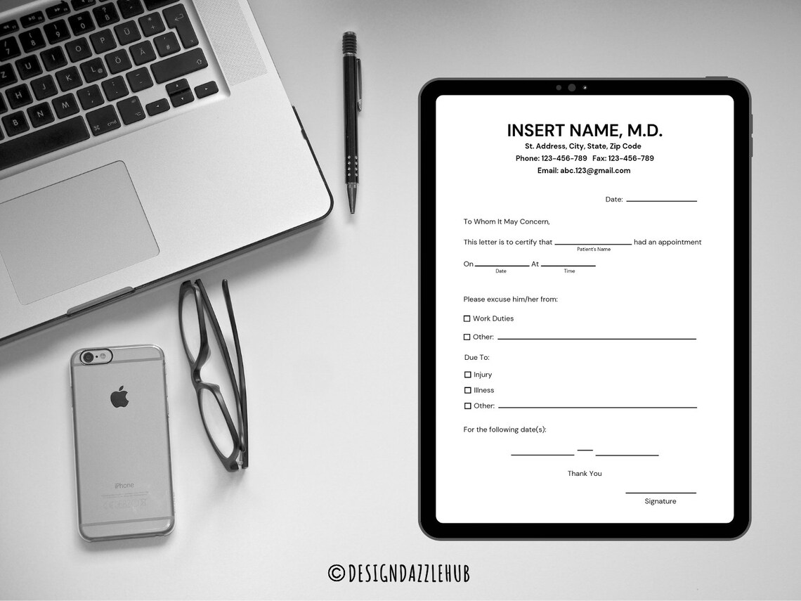 Editable Doctor Excuse Note Template for Work | Customizable Printable ...
