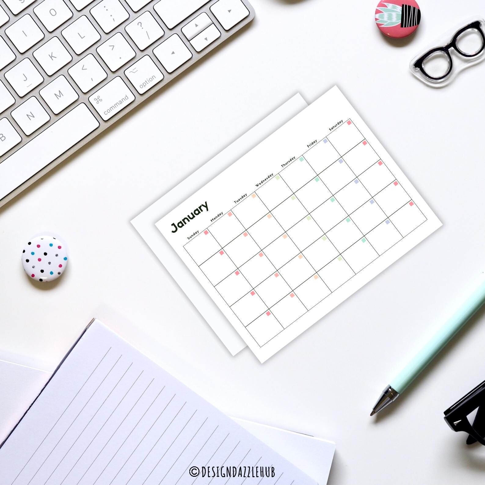 Printable Colorful Undated Monthly Calendar | Monday & Sunday Start ...